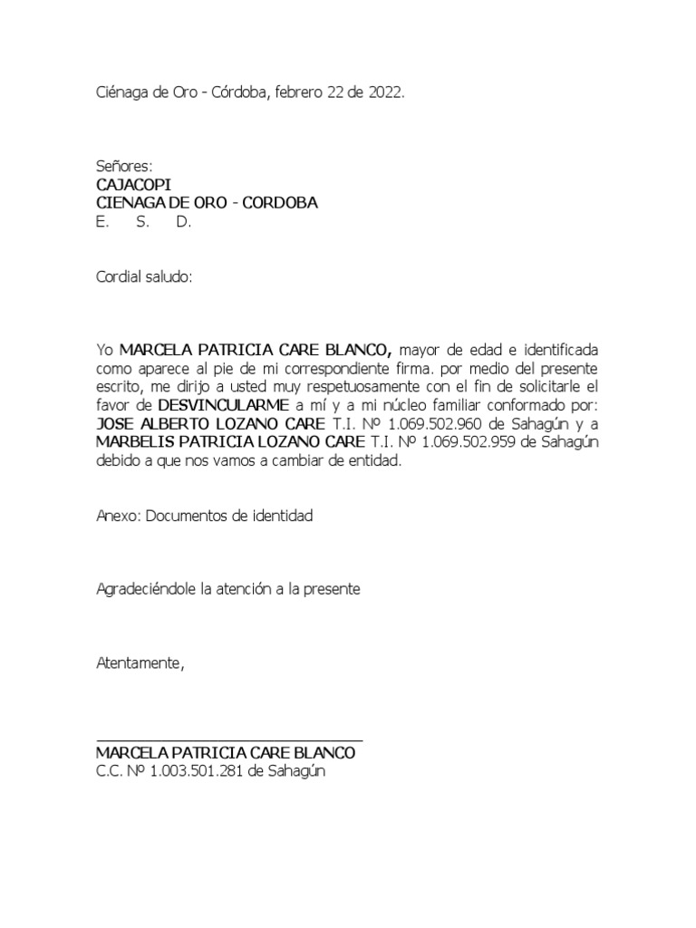 Carta Desviculacion Caja Copi | PDF