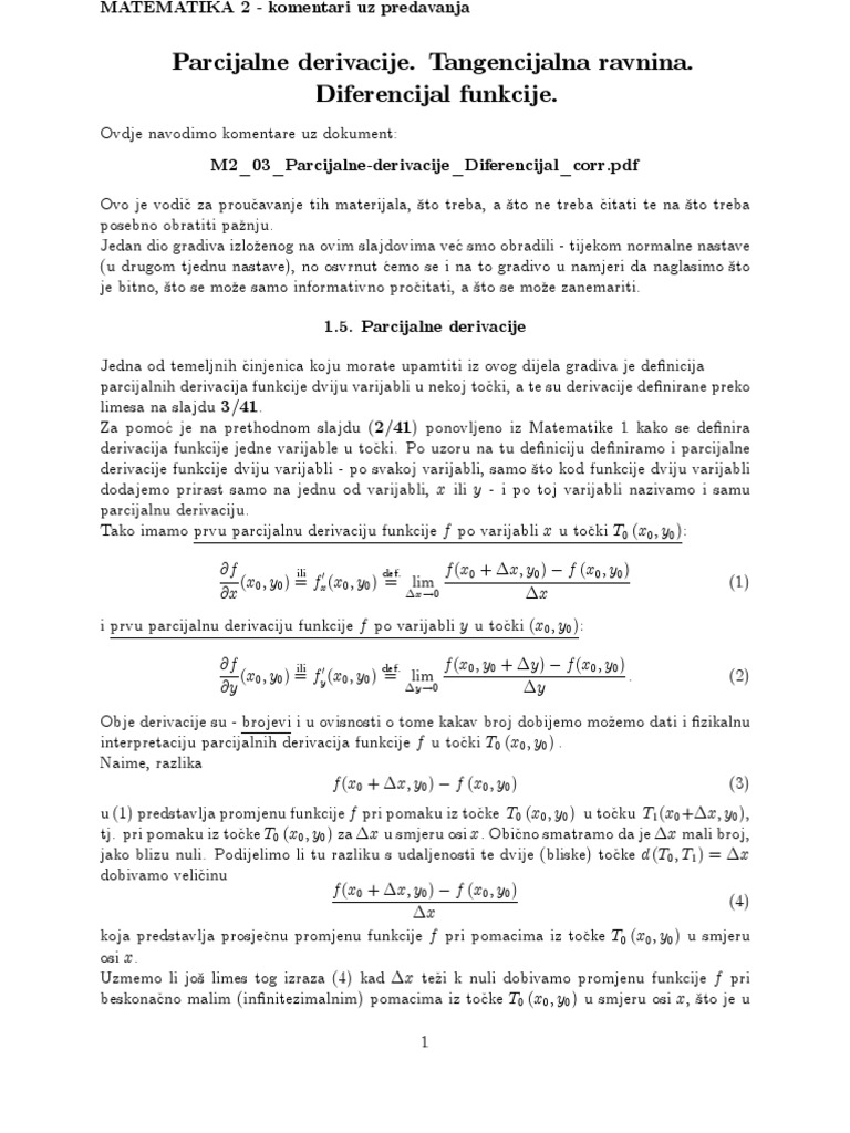 M2 03d Parcijalne-Derivacije Diferencijal Tangencijalna-Ravnina Komentari | PDF