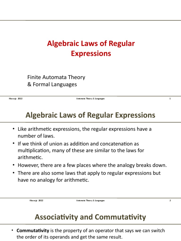 Algebraic Laws of Regular Expressions: Finite Automata Theory & Formal Languages | PDF | Regular ...