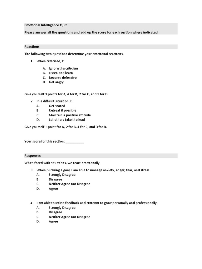 Emotional Intelligence Quiz Please Answer All The Questions and Add Up ...