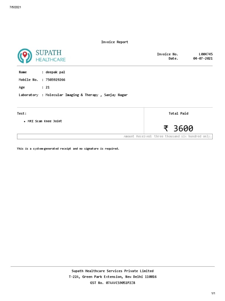 Invoice Report Invoice No. L004745 Date. 04-07-2021: MRI Scan Knee ...