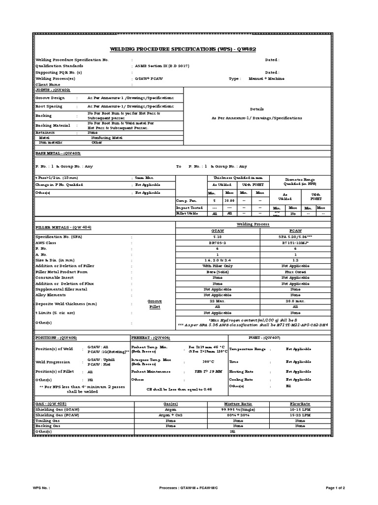WPS P1 Group Any To P1 Group Any GTAW-FCAW (Manual-Machine) | PDF ...