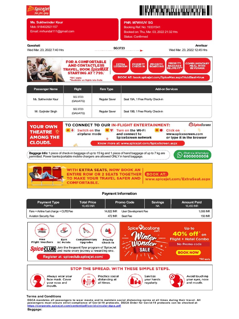 SpiceJet - E-Ticket - PNR - M7WVUY 23 Mar 2022 Guwahati-Amritsar For MS ...