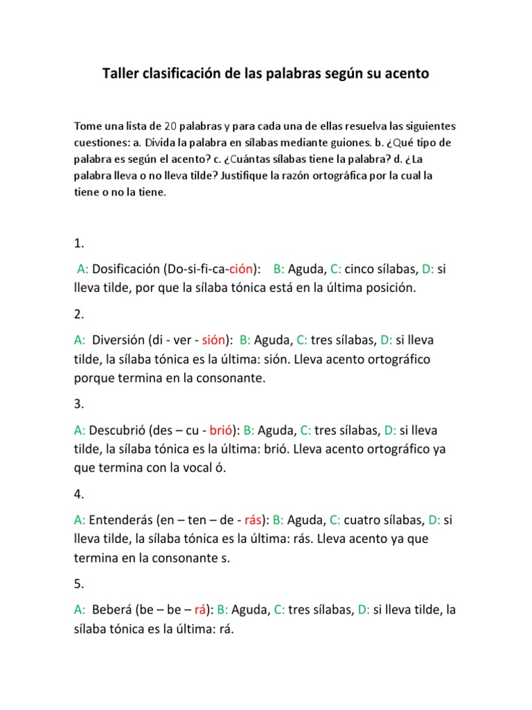 Taller Clasificación de Las Palabras Según Su Acento-1 | PDF ...