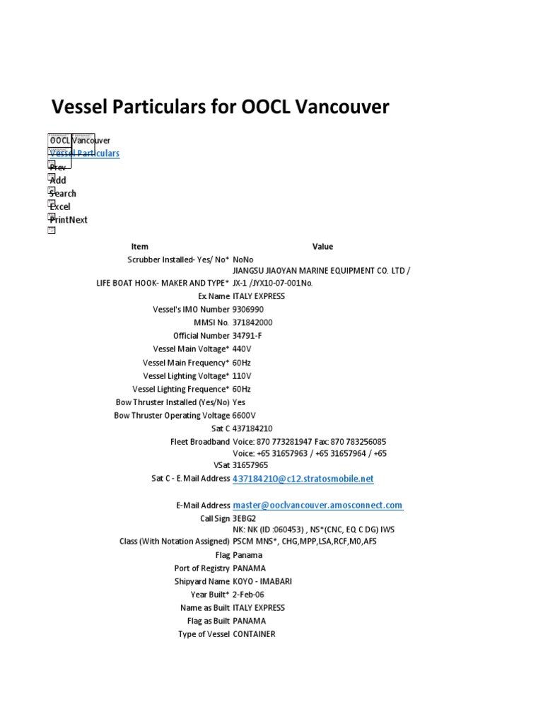 Vessel Particulars For OOCL Vancouver | Download Free PDF | Shipping ...
