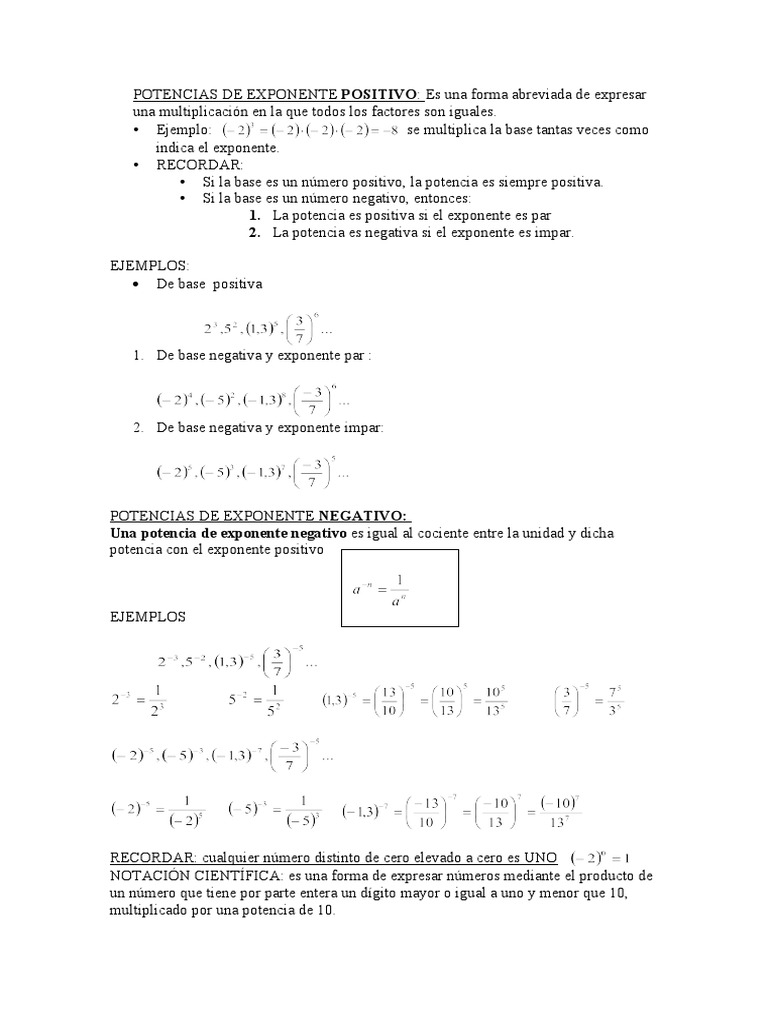 Potencias de Exponente Positivo Y NEGATIVO - NOTACIÓN CIENTÍFICA 3º | PDF