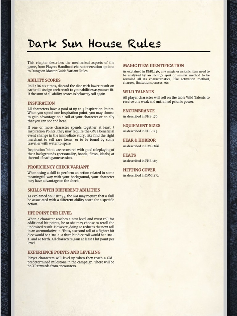 D&D Dark Sun 5th Edition - 1 - House Rules | PDF | Dungeons & Dragons ...