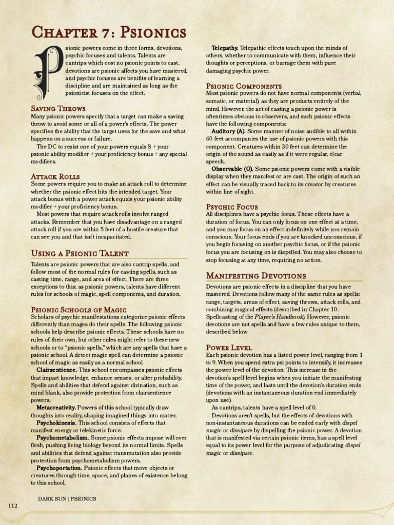 D&D Dark Sun 5th Edition - 7 - Psionics | PDF