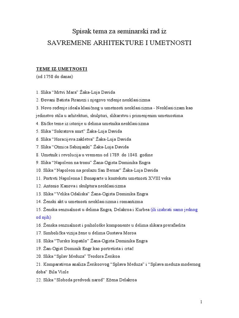 Spisak Tema Za Seminarski Rad Iz SAVREMENE ARHITEKTURE I UMETNOSTI | PDF