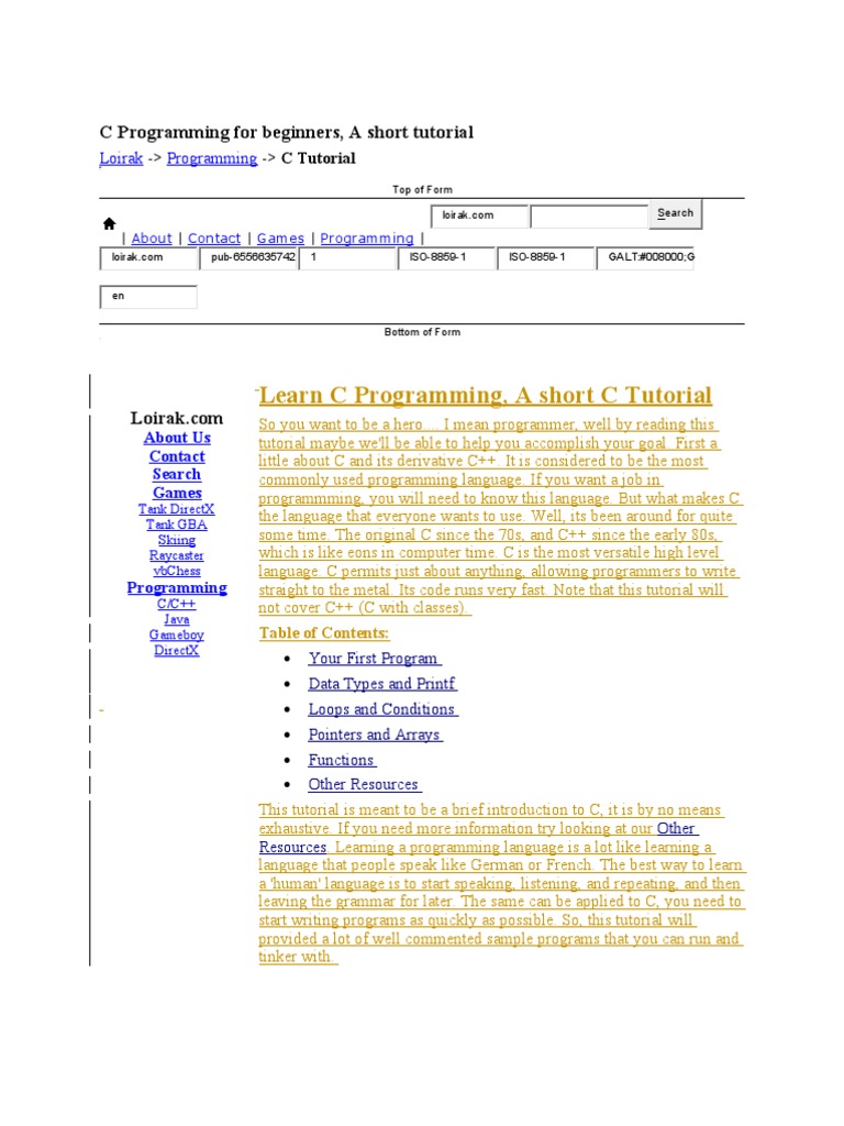 C Programming For Beginners, A Short Tutorial | PDF | Computers