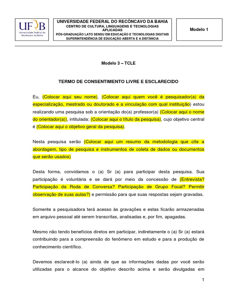 Modelo de TCLE | PDF | Pós-Graduação | Mestrado