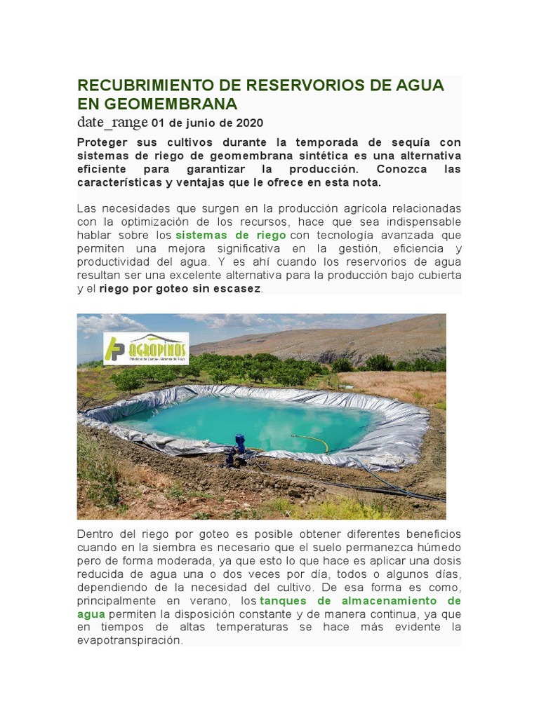 Reservorios de Geomembrana | PDF | Riego | Agua