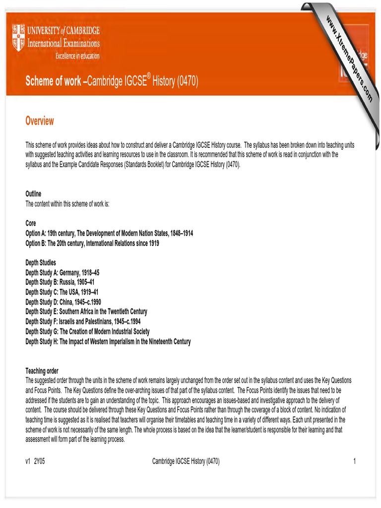 Scheme of Work Cambridge Igcse History 0470 Overview | PDF