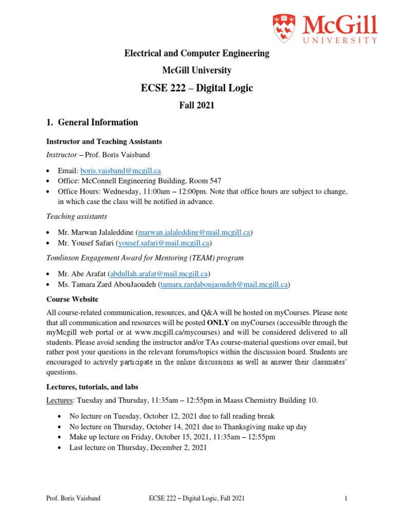 Ecse 222 - Digital Logic: Electrical and Computer Engineering Mcgill ...