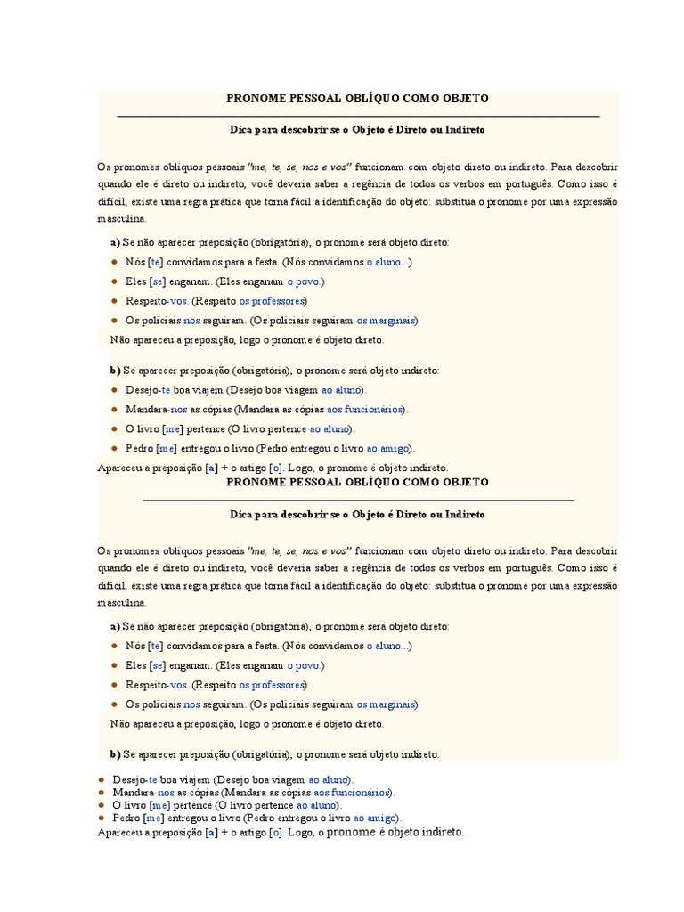 Pronome Pessoal Oblíquo Como Objeto | PDF | Pronome | Preposição e ...