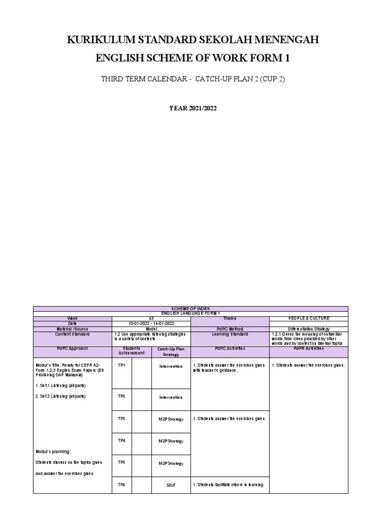 Cup Sow Form 1 | PDF | English Language | Learning