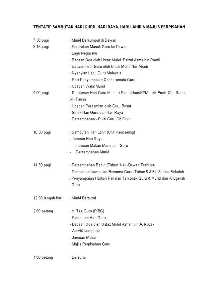 Tentatif Hari Guru Raya Latest | PDF