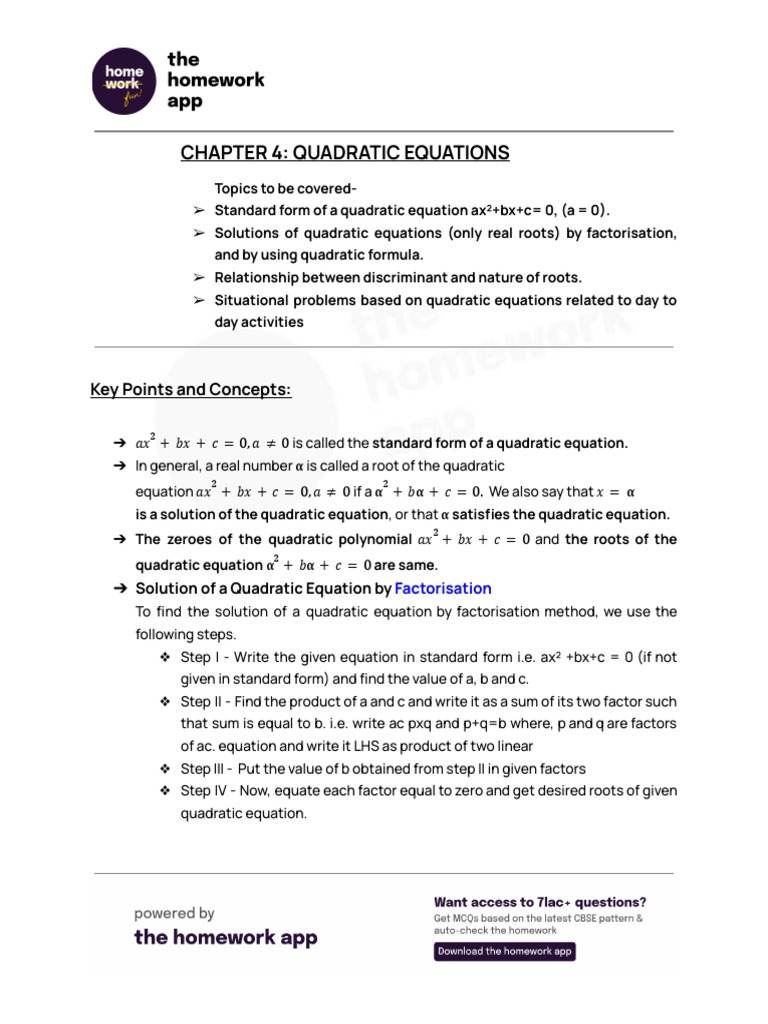 Chapter 4: Quadratic Equations: Key Points and Concepts | PDF ...