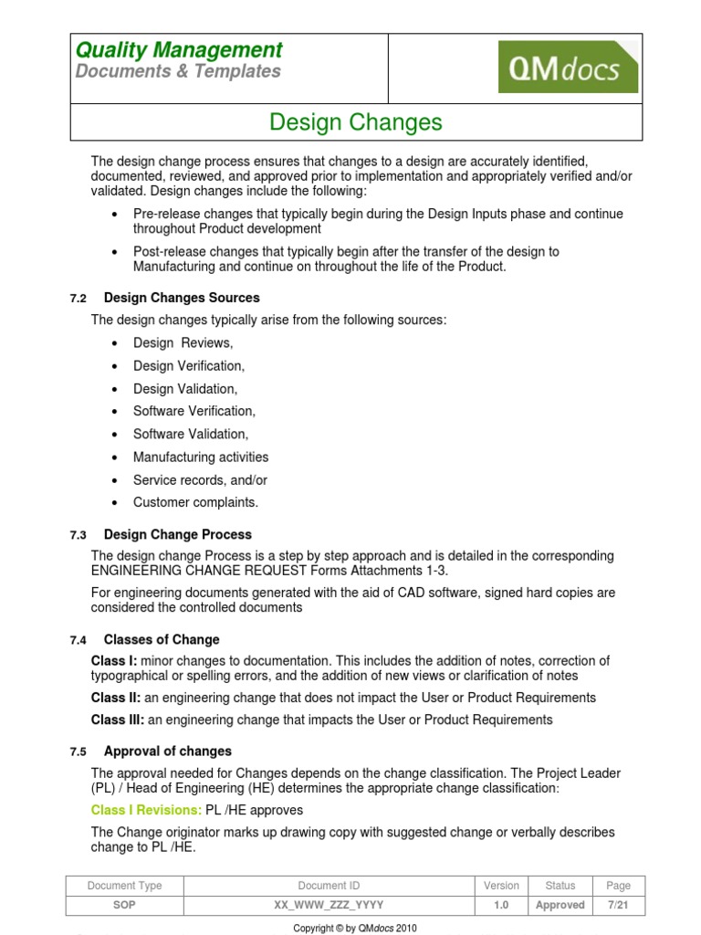 Medical Device Design Changes SOP | PDF