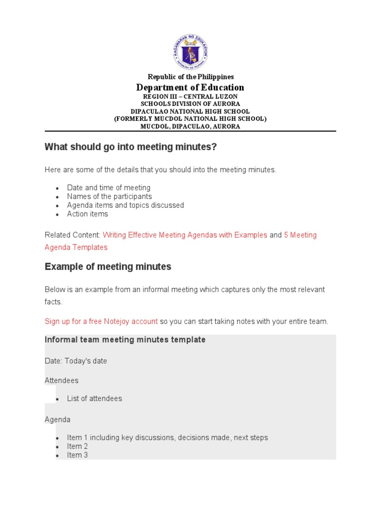 Department of Education: What Should Go Into Meeting Minutes? | PDF ...