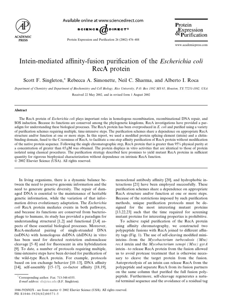 One-Step Affinity Purification of RecA Protein from Escherichia coli ...
