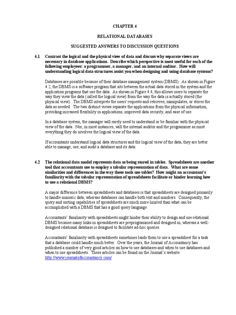 Chapter 4 Answer To Discussion Questions | PDF | Databases | Relational ...