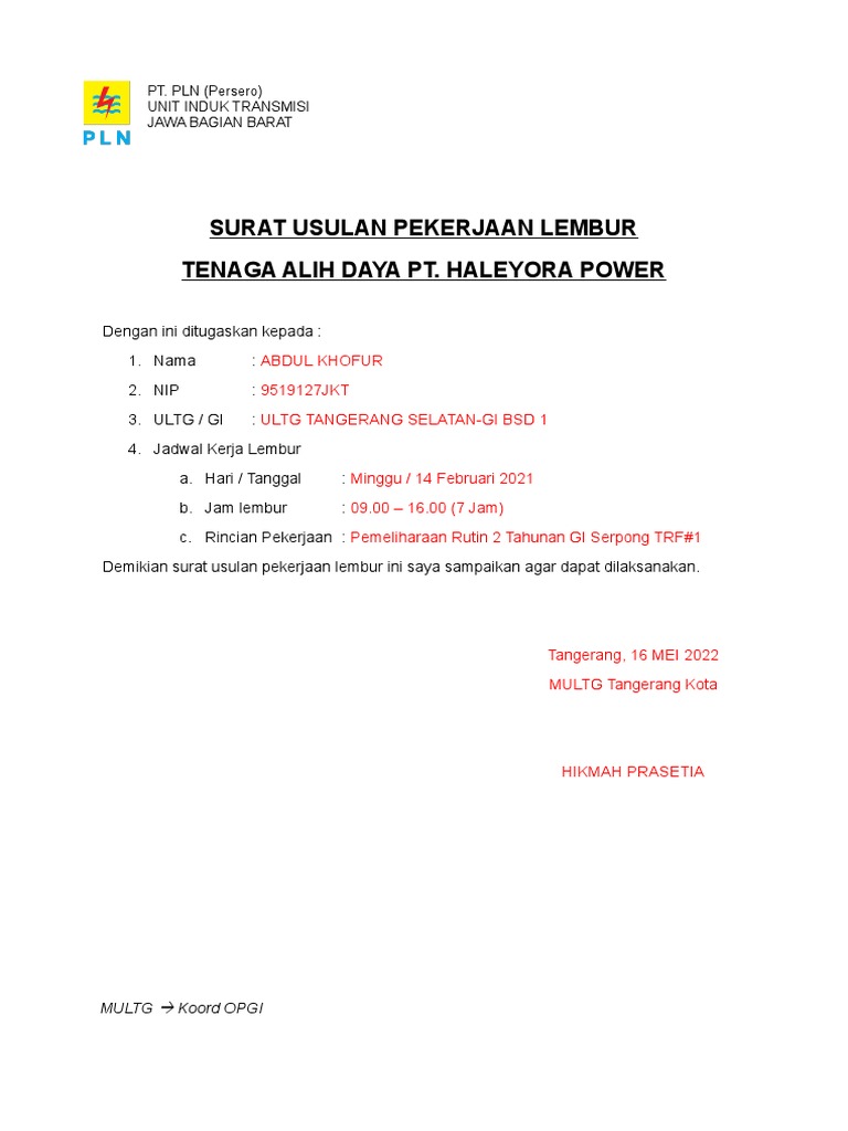 Surat Perintah Kerja Lembur | PDF