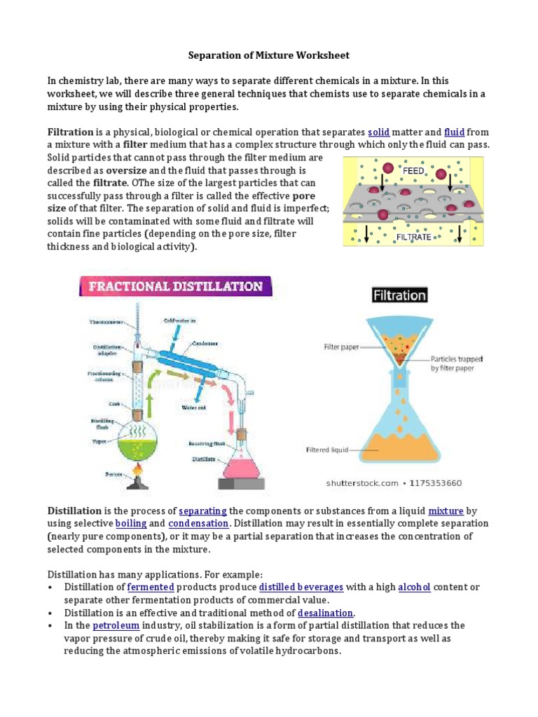 Separation of Mixture Worksheet | PDF | Distillation | Filtration