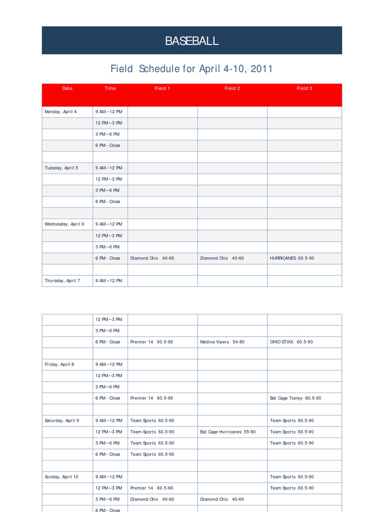 Weekly Baseball Field Schedule | PDF