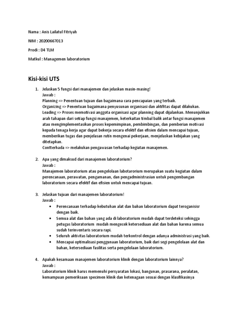 KISI-KISI UTS - Managemen Lab | PDF