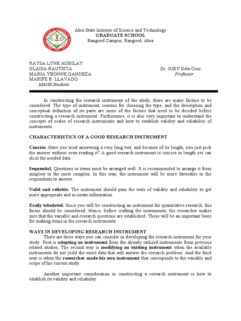 Research Instruments, Validity and Reliability Report | PDF | Validity ...