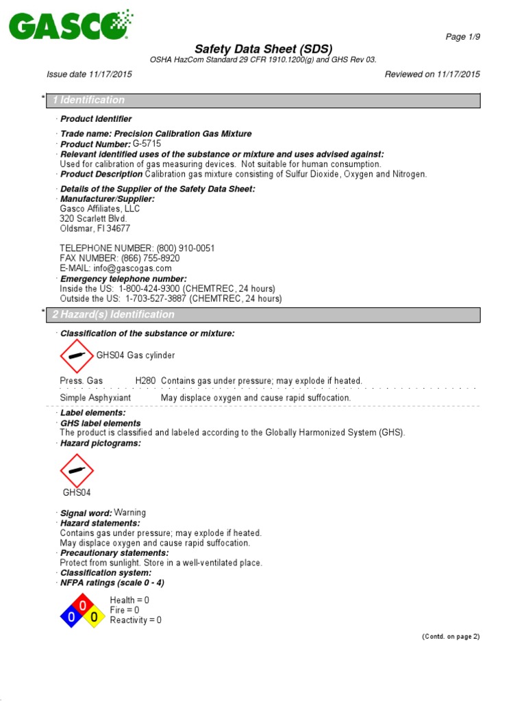 SO2 - Sulfur Dioxide - Data Sheet | PDF | Dangerous Goods ...