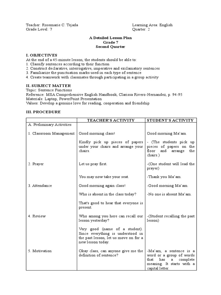 A Detailed Lesson Plan Grade 7 Second Quarter I. Objectives | Download ...