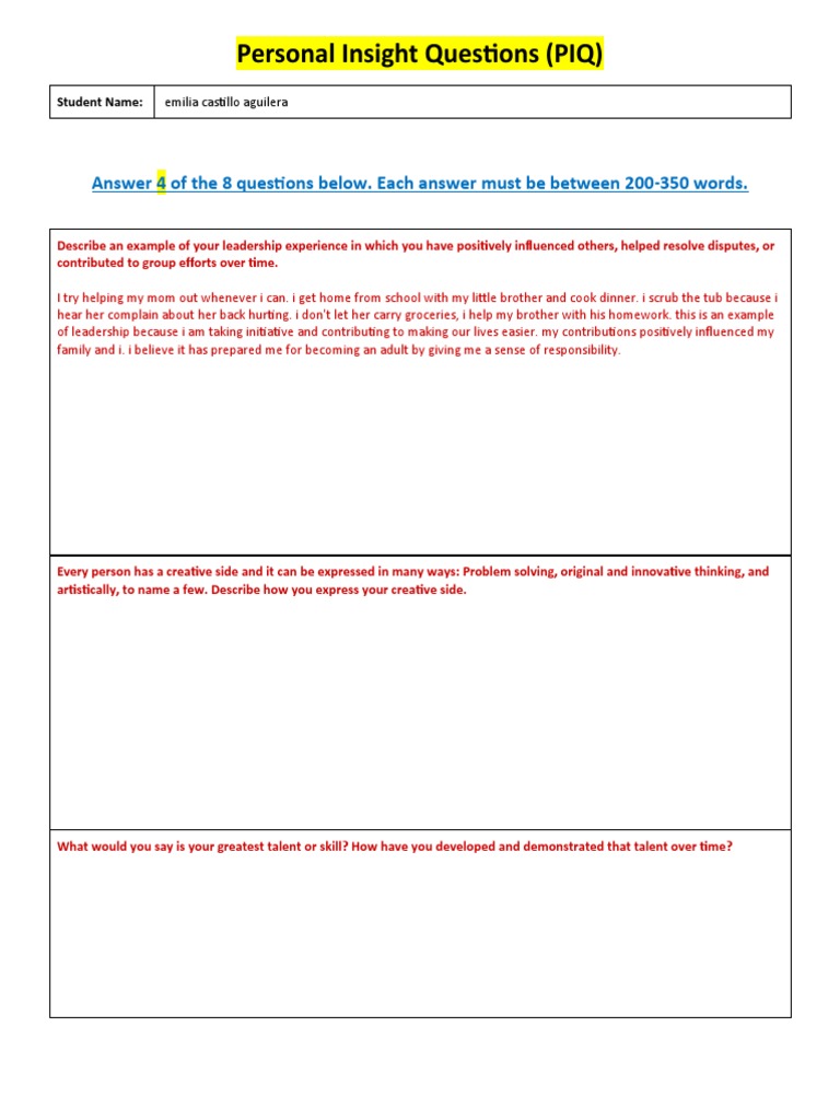 Personal Insight Questions - Template | PDF | Cognition