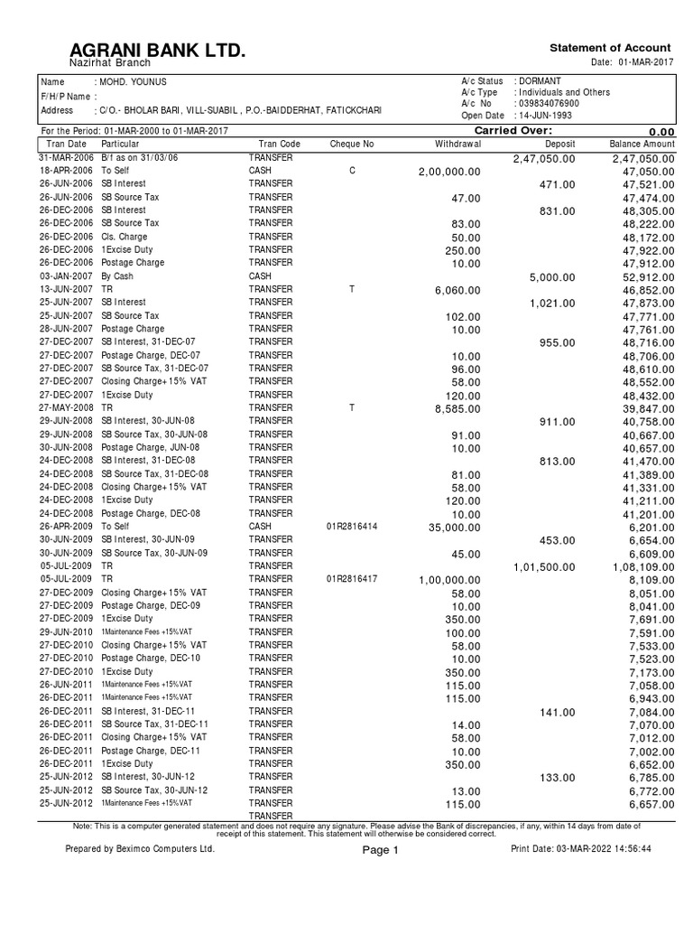 Agrani Bank LTD.: Statement of Account | PDF | Value Added Tax | Taxes
