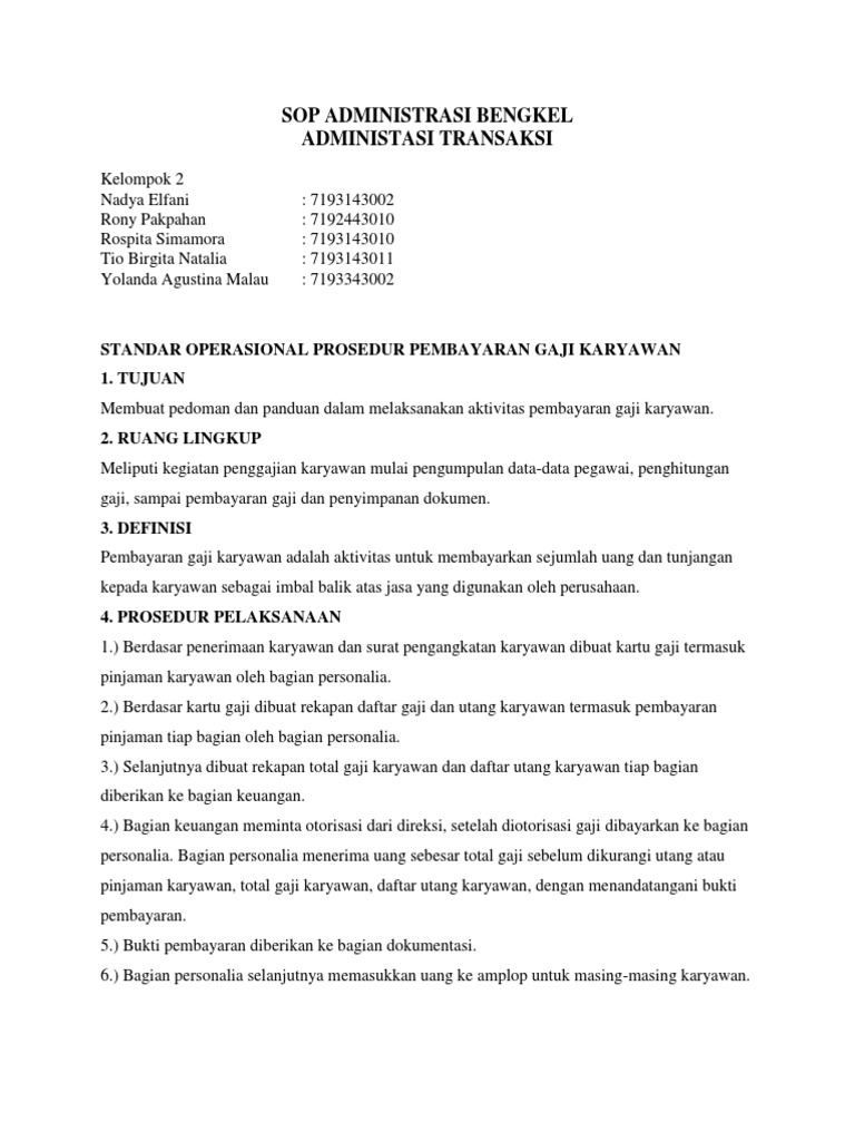 SOP ADMINISTRASI BENGKEL Kel 2 | PDF | Pengelolaan Keuangan & Uang