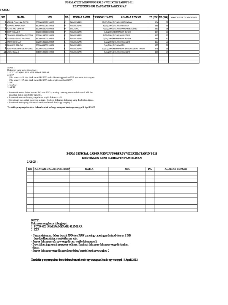 Form Rekap Pendaftaran Porprov Jatim Vii Atlet Dan Pelatih | PDF