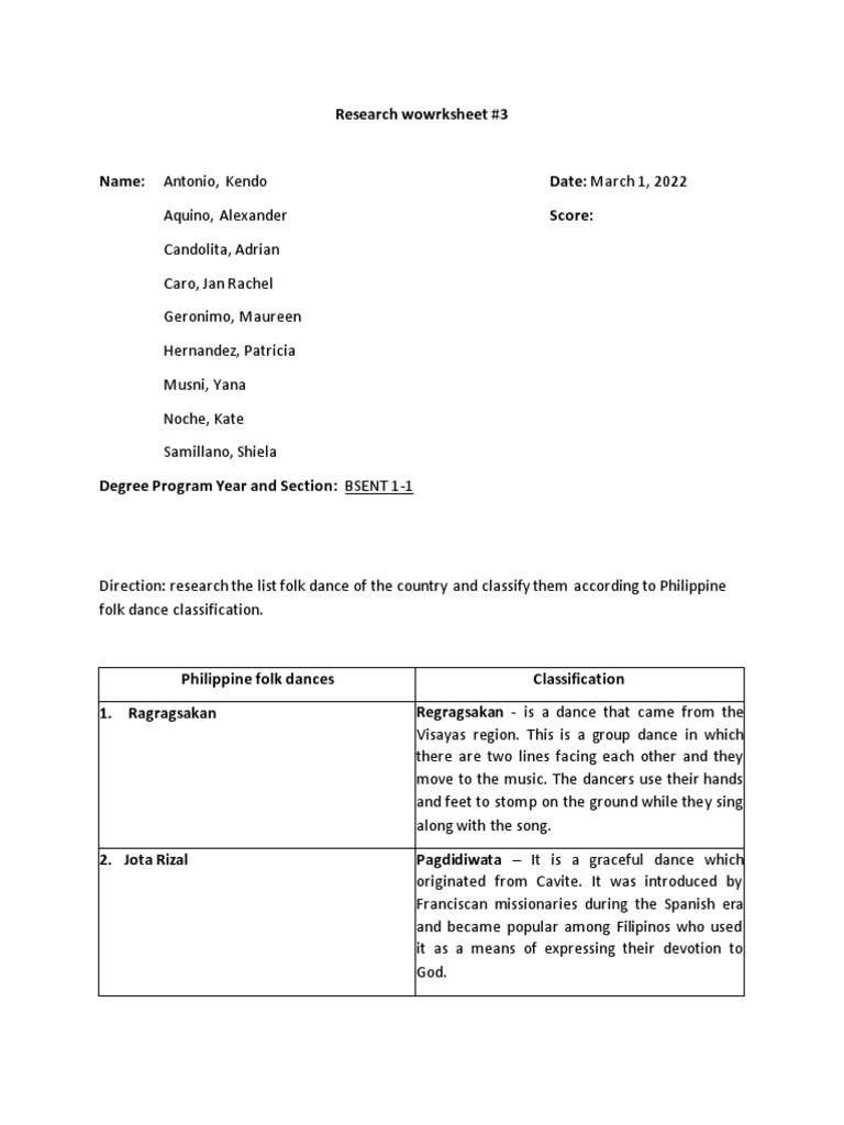 Dance Research Worksheet P.E | PDF | Dances | Festival