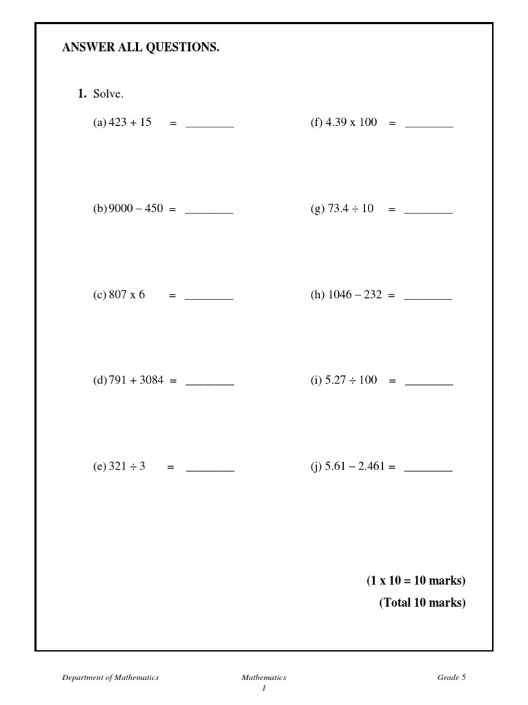 Answer All Questions.: Department of Mathematics Mathematics Grade 5 1 ...
