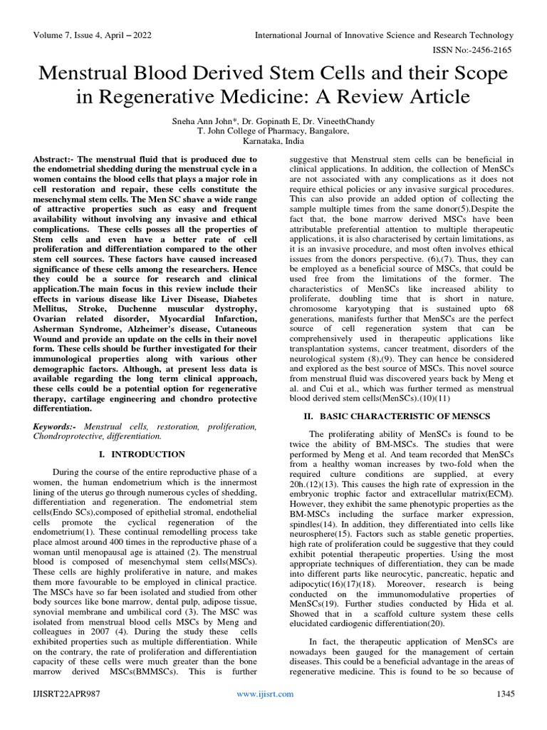 Menstrual Blood Derived Stem Cells and Their Scope in Regenerative ...