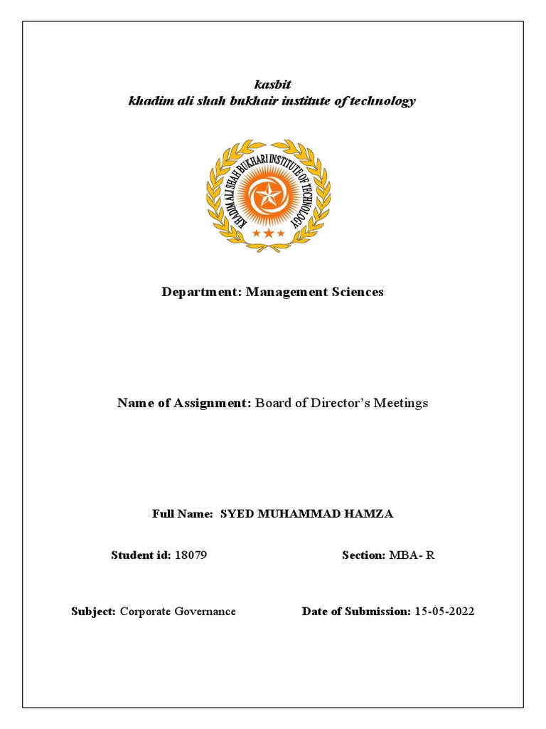 Assingment Front Page Format | PDF | Board Of Directors | Quorum