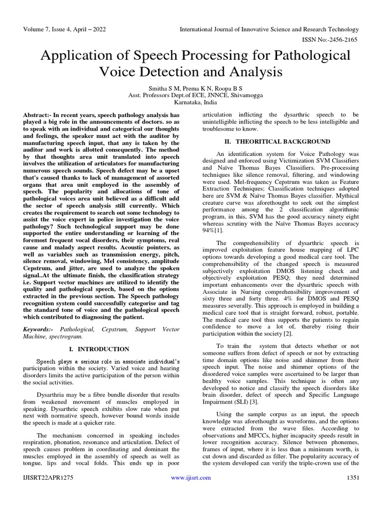 Application of Speech Processing For Pathological Voice Detection and Analysis | PDF ...