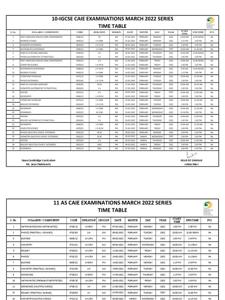 10-Igcse Caie Examinations March 2022 Series Time Table | PDF | Science
