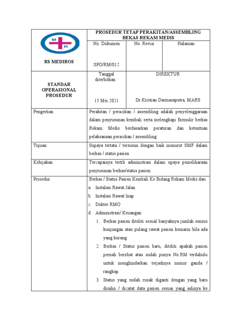 Sop Prosedur Tetap Perakitan Assembling Bekas Rekam Medis | PDF