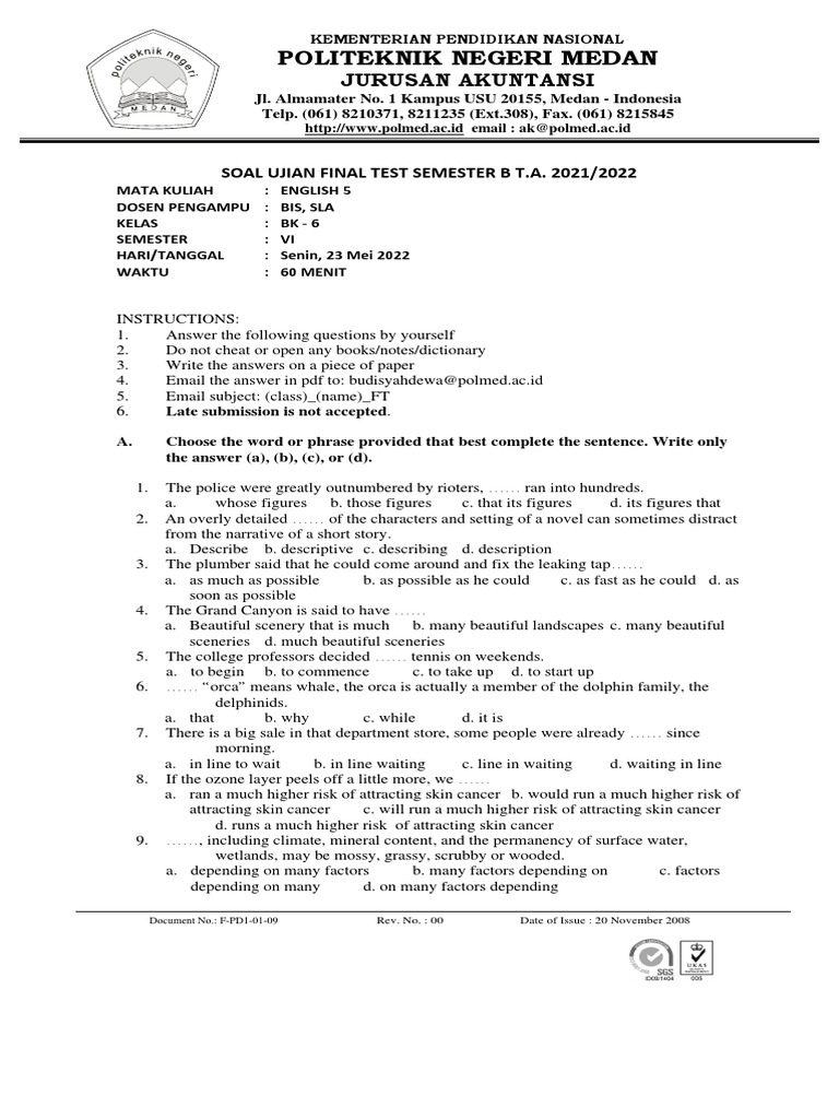 English 5-Sem6-Final Test - 23 - 05 - 22 BK6 | PDF