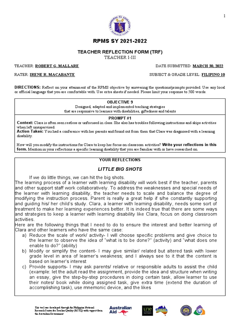 RPMS SY 2021-2022: Teacher Reflection Form (TRF) | PDF | Learning ...