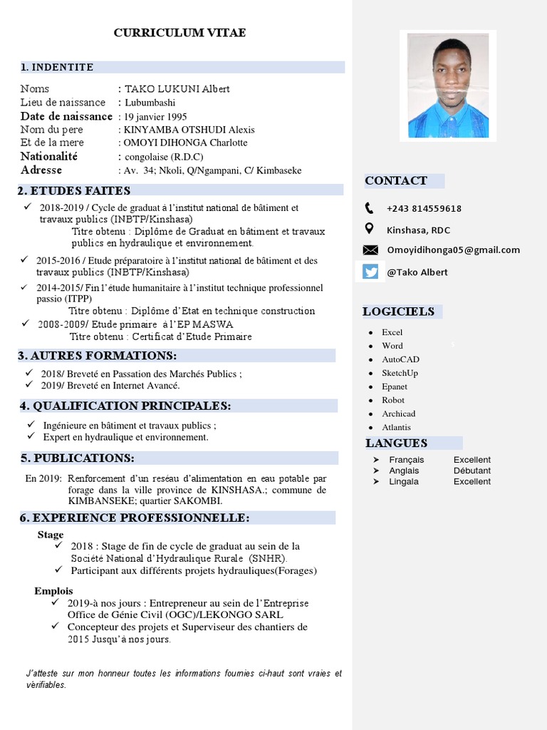 CV Ingenieur Tako Albert 01 | PDF | Kinshasa