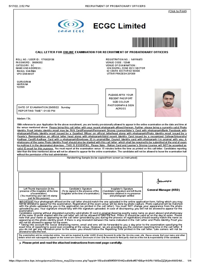 Call Letter For Online Examination For Recruitment of Probationary ...