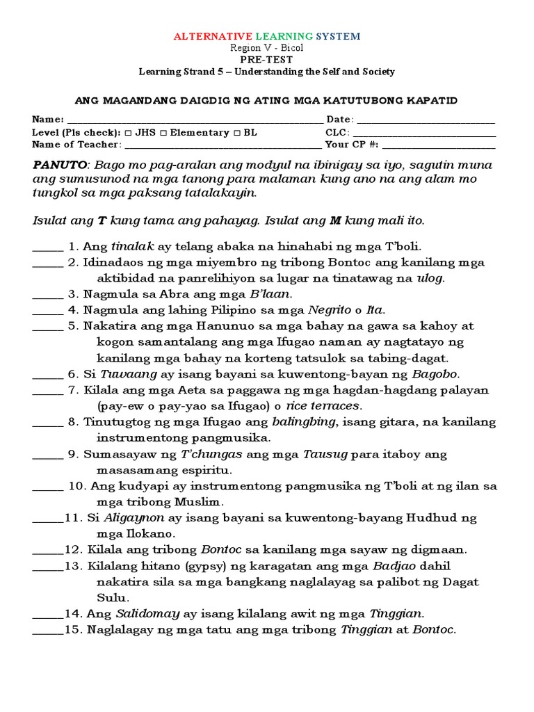 PRE TEST - Ang Magandang Daigdig NG Ating Mga Katutubong Kapatid | PDF