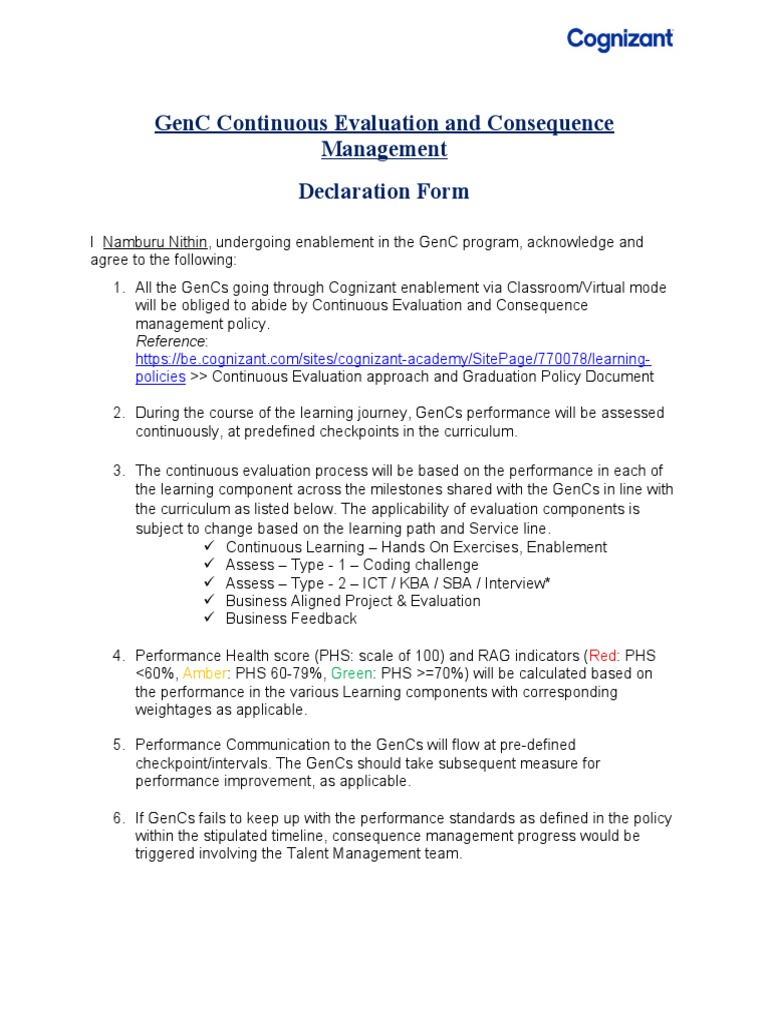 GenC Continuous Evaluation and Consequence Management Declaration Form ...